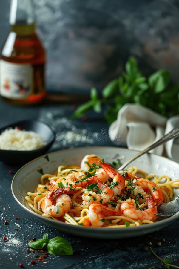 Shrimp Pasta with Fresh Herbs and Artisan Bread in Elegant Dining ...