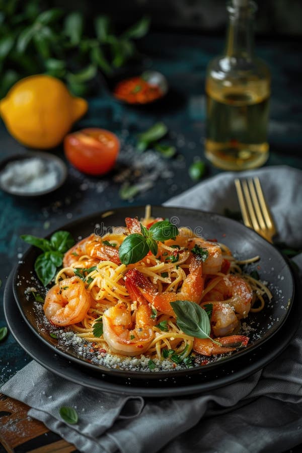 Shrimp Pasta with Fresh Herbs and Artisan Bread in Elegant Dining ...