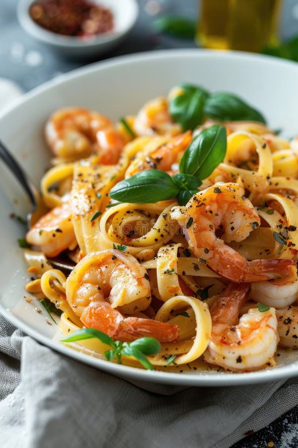Shrimp Pasta with Fresh Herbs and Artisan Bread in Elegant Dining ...