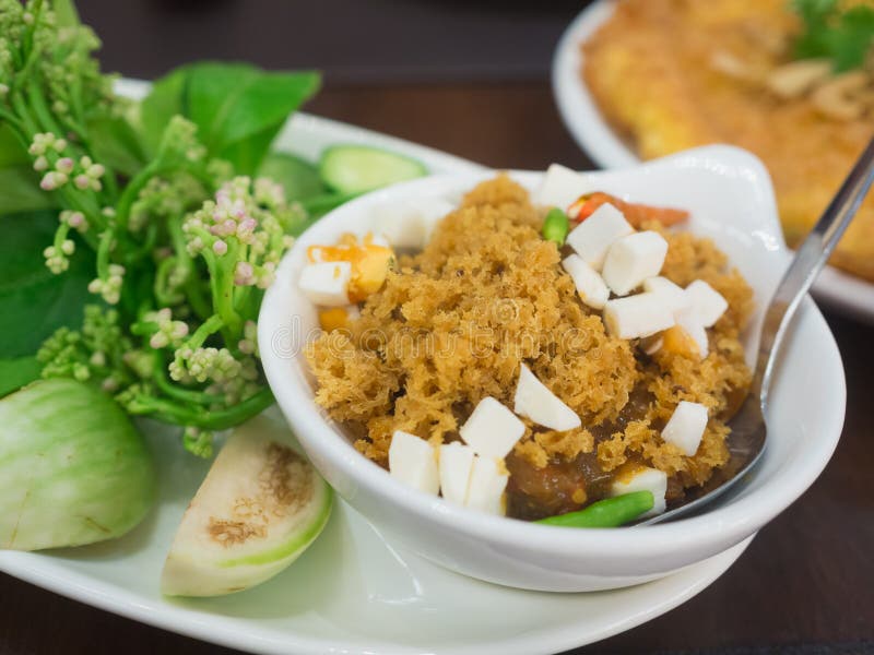Shrimp Paste Sauce with Crispy Fried Fish Stock Image - Image of green ...