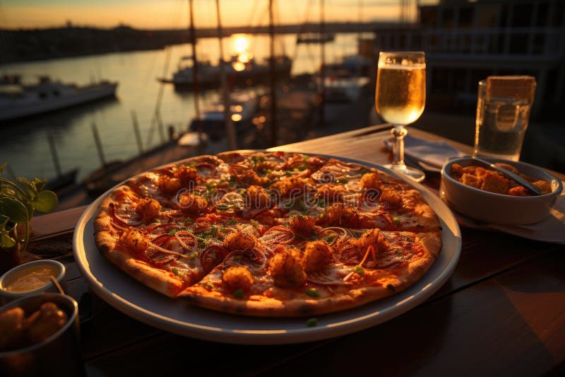A Shrimp Pizza in a Sea Restaurant Overlooking the Sunset., Generative ...
