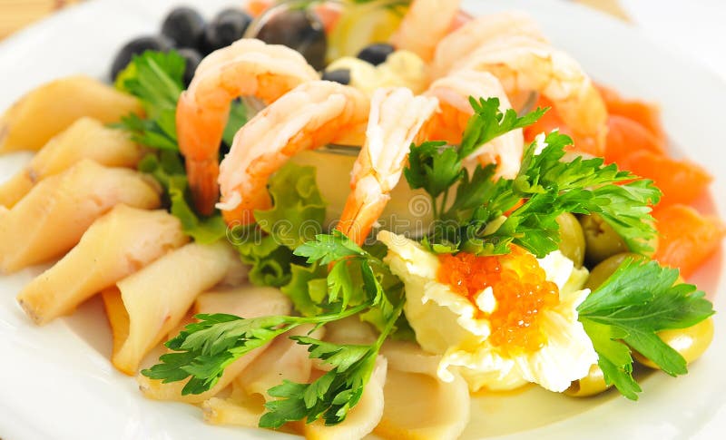 Shrimp, Red Fish, Served with Red Caviar and Olives. Stock Photo ...