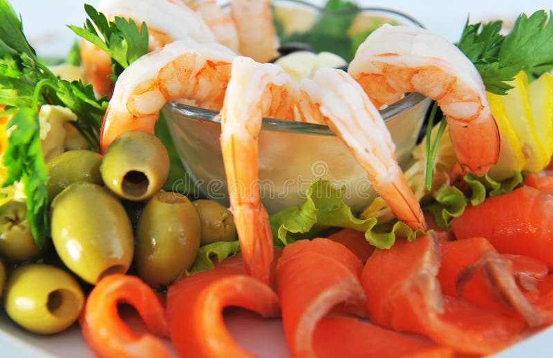 Shrimp, Red Fish, Served with Red Caviar and Olives. Stock Image ...
