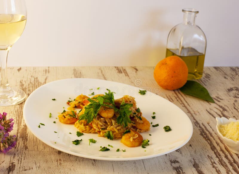 Shrimp Risotto on a White Table. Stock Photo - Image of parmesan ...