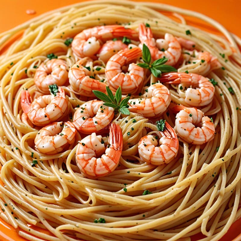 Shrimp Scampi with Pasta on an Orange Background Stock Illustration ...
