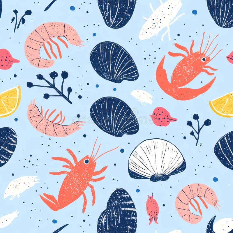 Shrimp, Shellfish, and Marine Life Pattern on Blue Background Stock ...