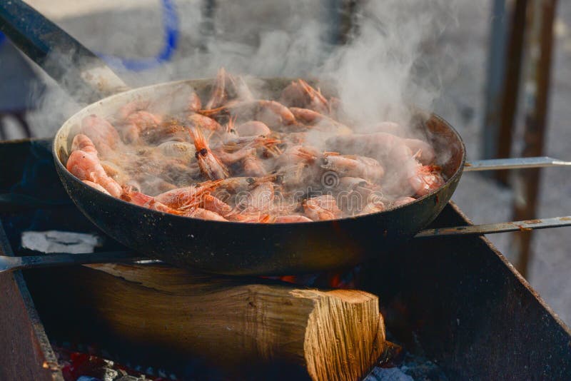 Shrimp. Shrimps are Cooked in a Pan Over a Fire Stock Image - Image of ...