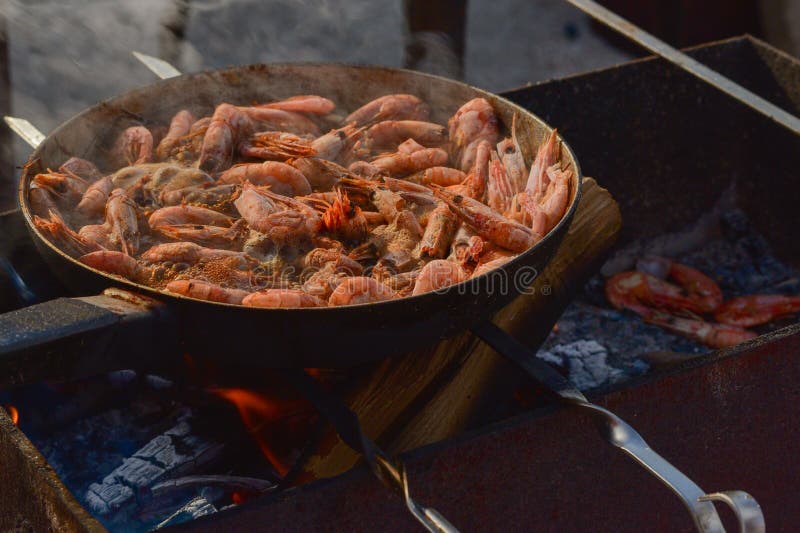 Shrimp. Shrimps are Cooked in a Pan Over a Fire Stock Image - Image of ...