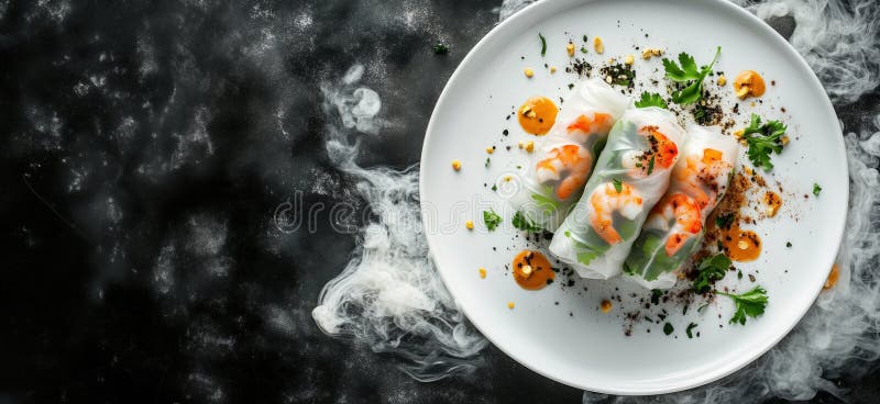 Shrimp Spring Rolls with Herbs and Sauce, Garnished with Spices and ...