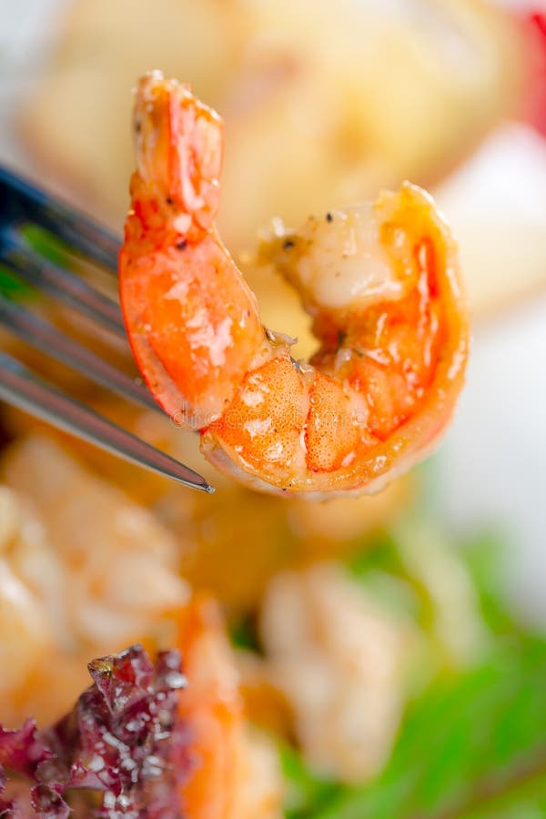 Shrimp sticking on fork stock photo. Image of fork, yummy - 52842220