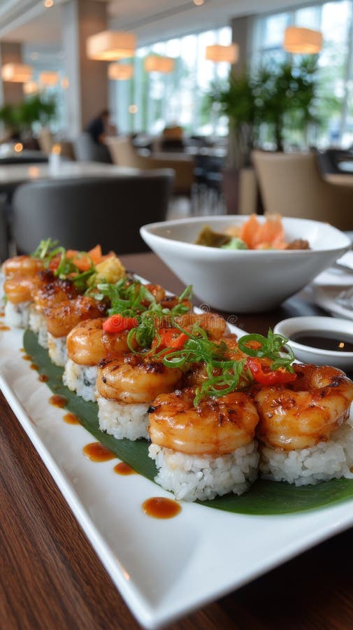 Shrimp Sushi Rolls on a Serving Platter in Restaurant Setting, Culinary ...