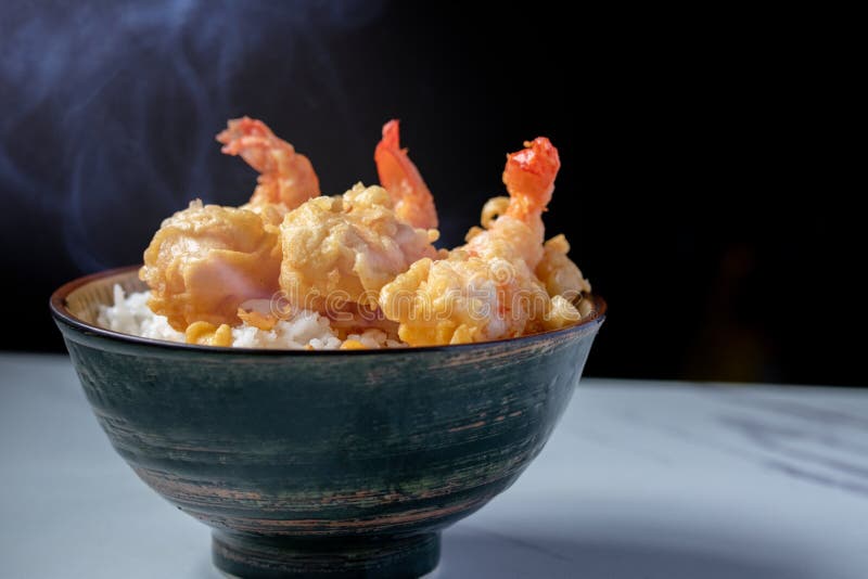 Shrimp Tempura in a Bowl with Steamed Rice Stock Image - Image of ...