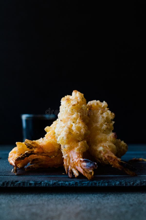Shrimp Tempura With Soy Sauce On Black Stone Board Stock Image Image Of Food Tasty 142660747
