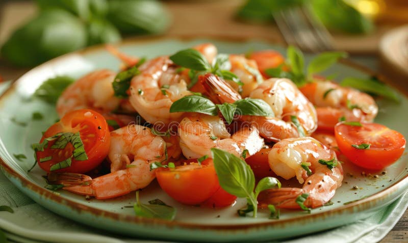 Shrimp and Tomato Salad with Basil on a Pastel Green Plate Stock Photo ...