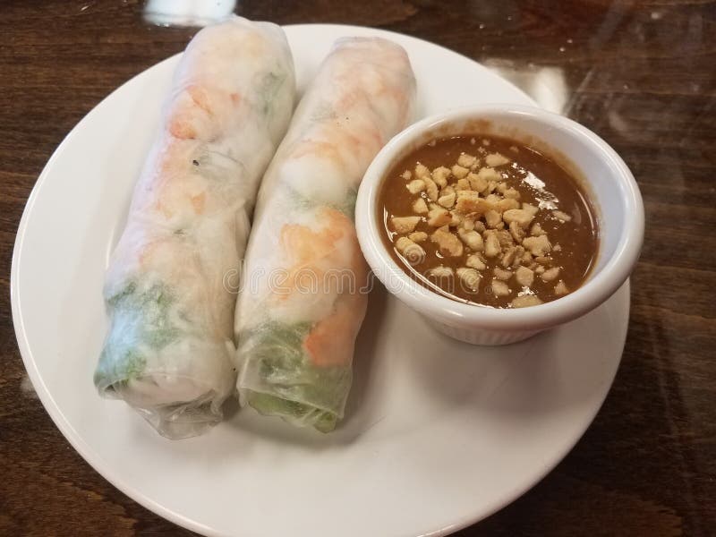 Shrimp and Vegetable Rolls in Rice Paper Wrap with Peanut Sauce Stock ...
