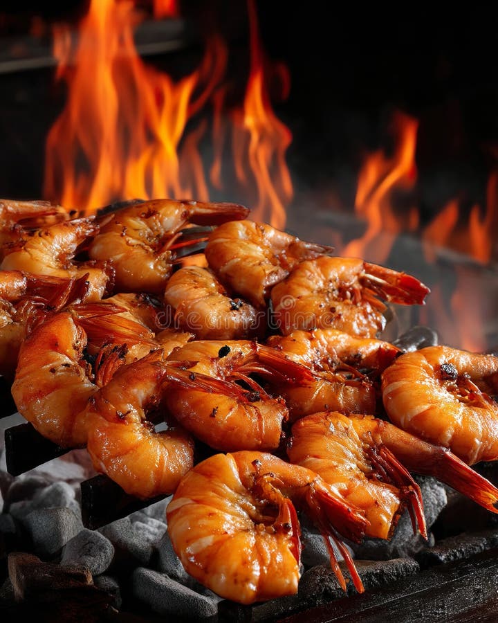 Shrimps Grilling on Barbecue Over the Fire. Generative Ai Stock Image ...