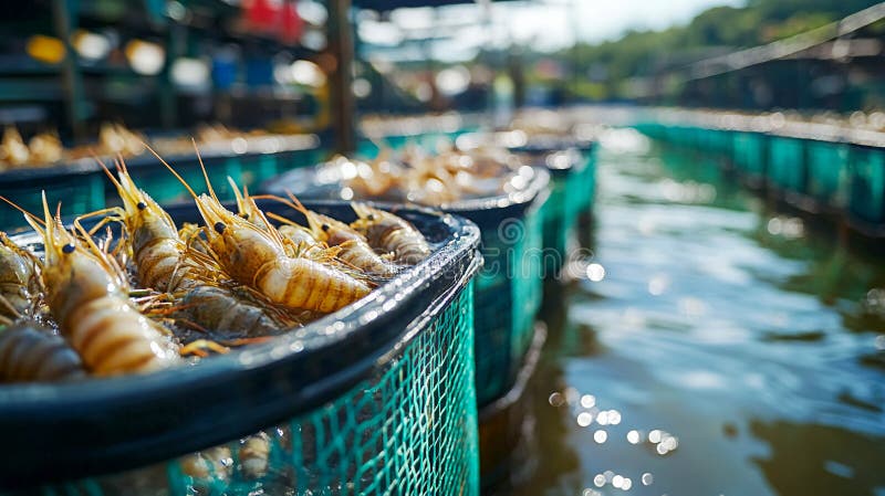 Shrimps in Mesh Baskets Standing in Rows in a Pond. a Shrimp Farm Stock ...