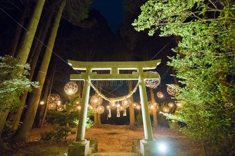Shrine and bamboo lights stock image. Image of waterfalls - 207383433