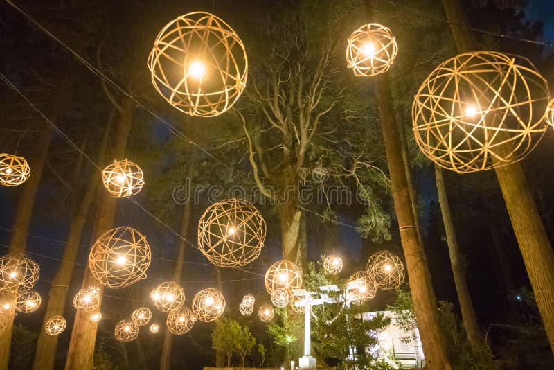 Shrine and bamboo lights stock photo. Image of snow - 207383464