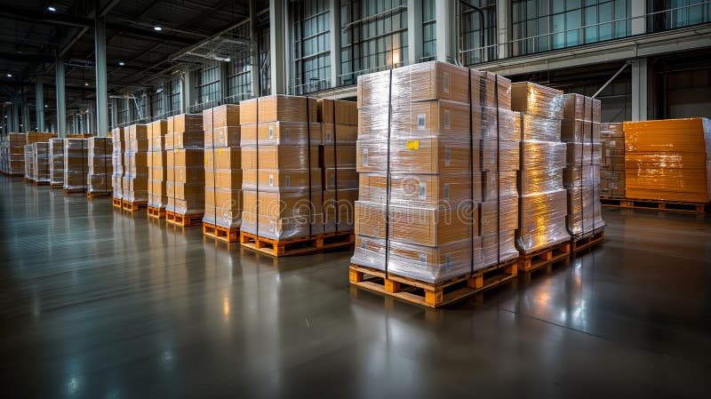 Shrink-Wrapped Pallets in Warehouse Stock Photo - Image of freight ...