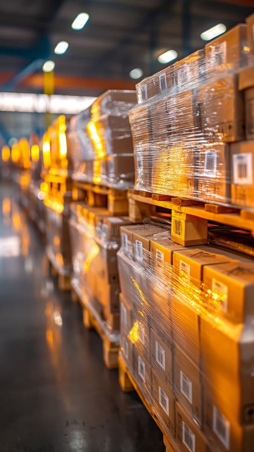 Shrink-Wrapped Pallets in Warehouse Stock Photo - Image of lighting ...