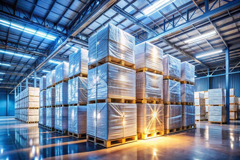 Shrink-Wrapped Pallets in Warehouse Stock Illustration - Illustration ...