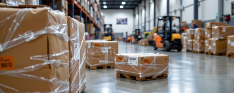 Shrinkwrapped Freight Packages in Warehouse Setting, Showcasing ...