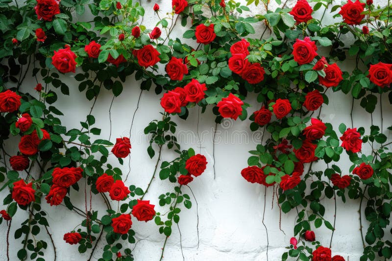 Shrub of Red Roses Growing Over a Textured White Wall Stock ...