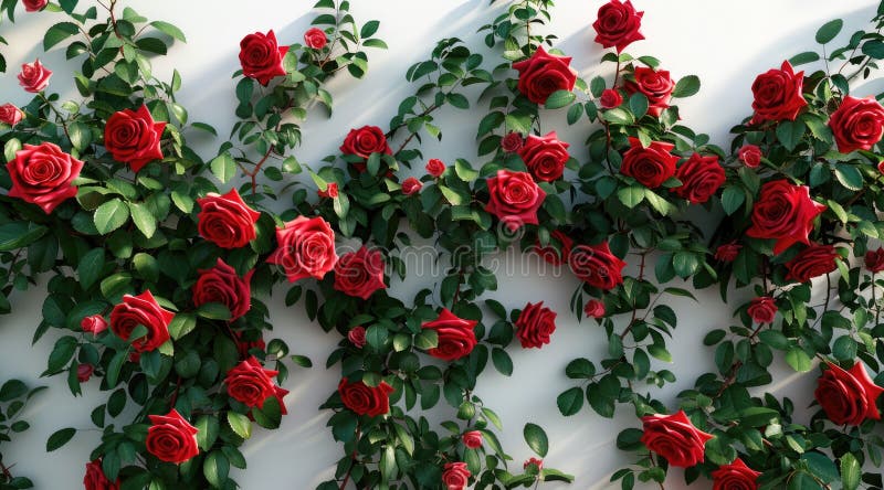 Shrub of Red Roses Growing Over a Textured White Wall Stock ...
