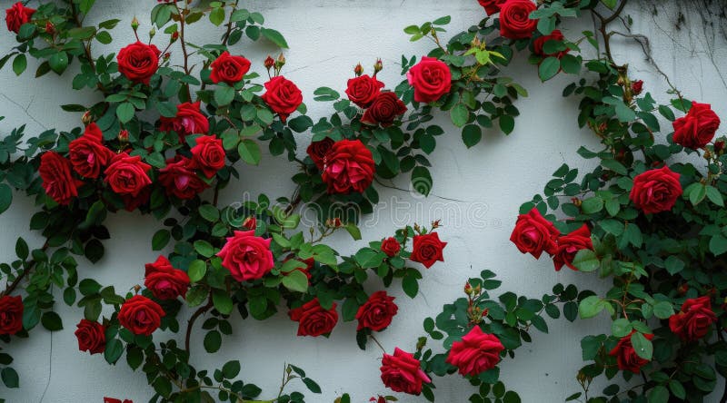 Shrub of Red Roses Growing Over a Textured White Wall Stock ...