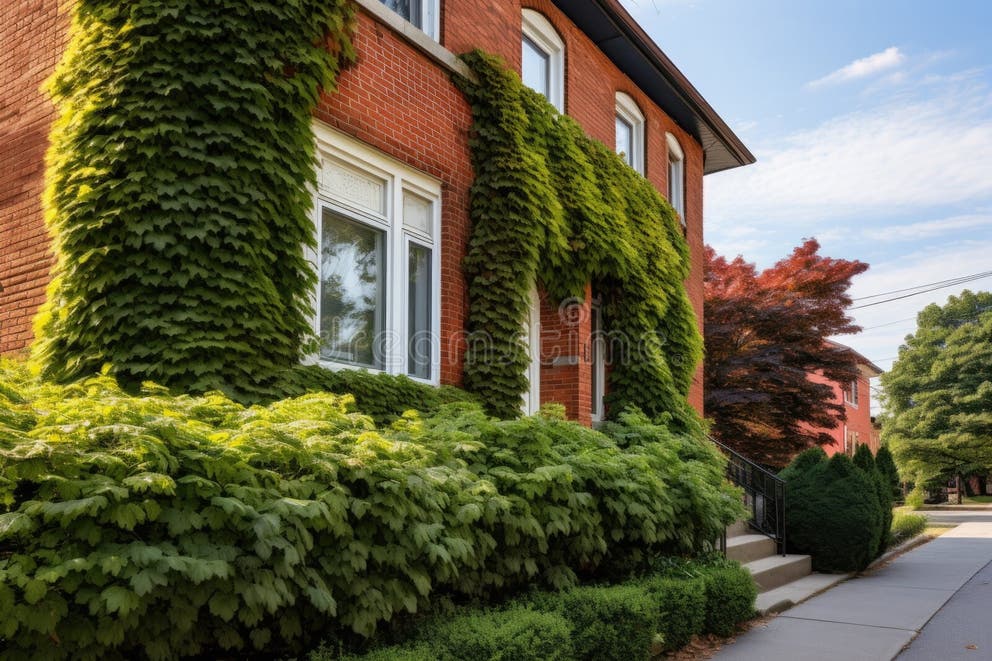 Shrubbery Camouflaging the Lower Portion of a Brick Facade Stock Photo ...