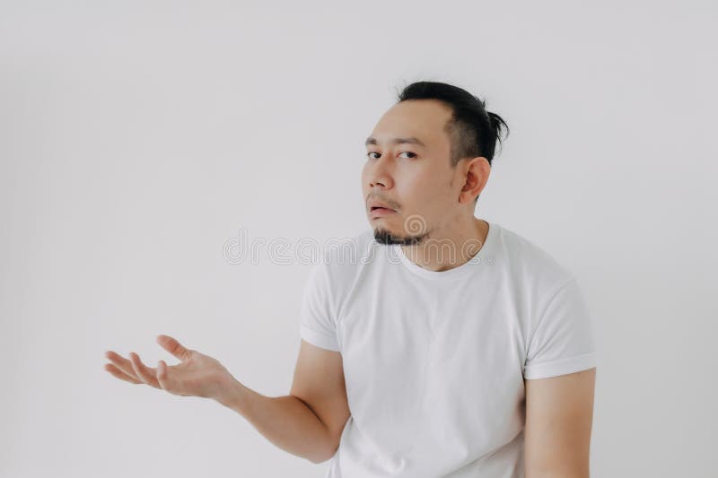 Shrug Whatever Face Man in White T-shirt Isolate on White. Stock Photo ...