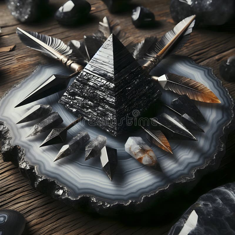 Shungite Pyramid and Obsidian Arrowheads on Geode Slice, Ai Created ...