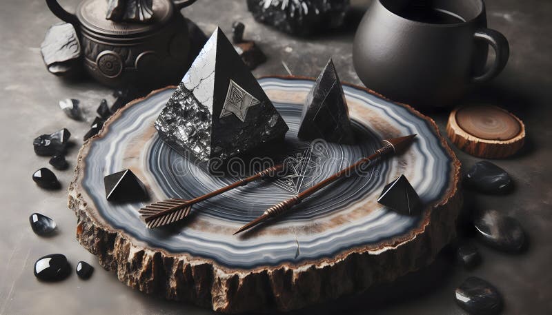 Shungite Pyramid and Obsidian Arrowheads on Geode Slice, Ai Created ...