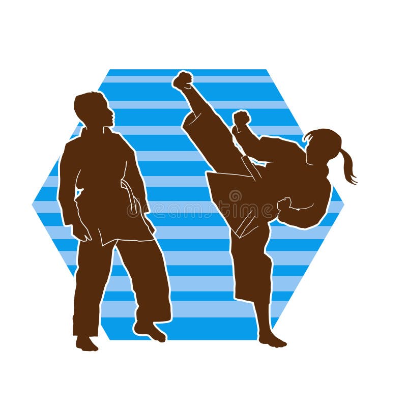 Silhouette of Man and Female Martial Art Person Doing Kumite or Duel ...