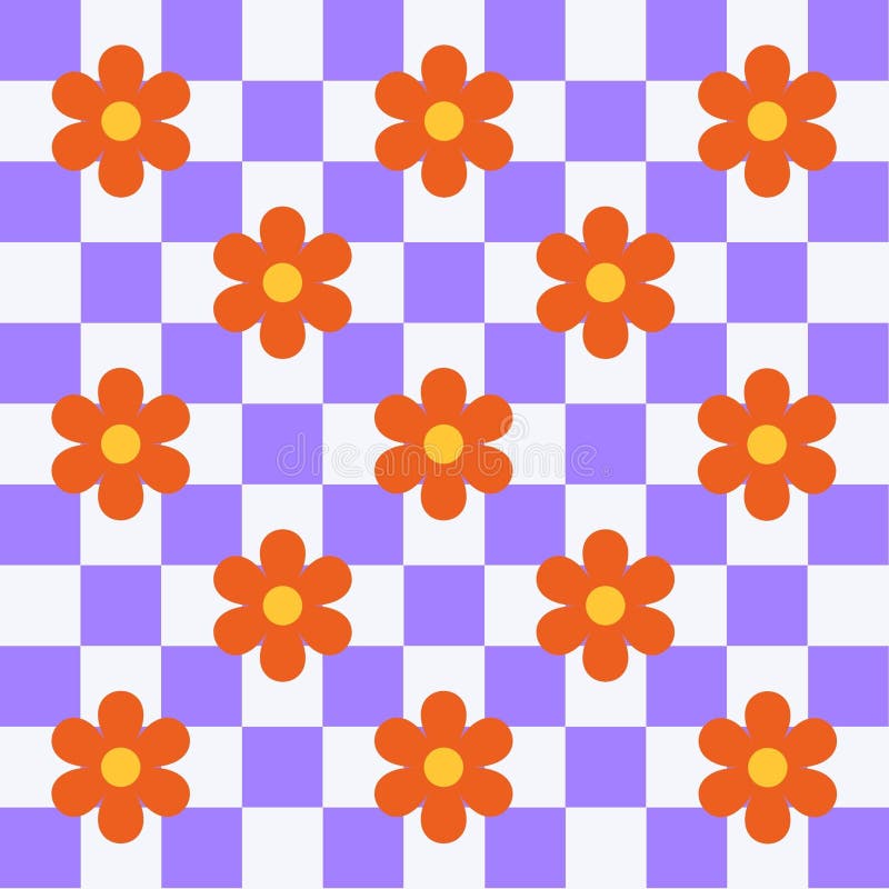 Purple Check Pattern with Orange Hippie Flower Stock Illustration ...