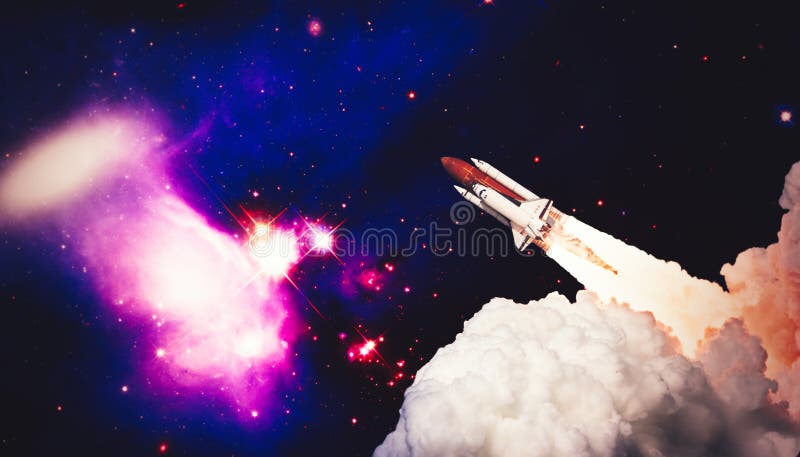 Shuttle Launch in the Clouds To Outer Space. Dark Space with Stars on ...