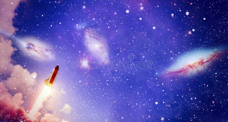 Shuttle Launch in the Clouds To Outer Space. Dark Space with Stars on ...