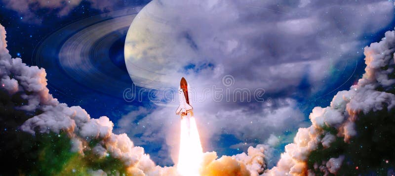 Shuttle Launch in the Clouds To Outer Space. Dark Space with Stars on ...
