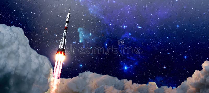 Shuttle Launch in the Clouds To Outer Space. Dark Space with Stars on ...