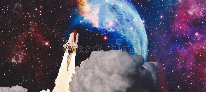 Shuttle Launch in the Clouds To Outer Space. Dark Space with Stars on ...