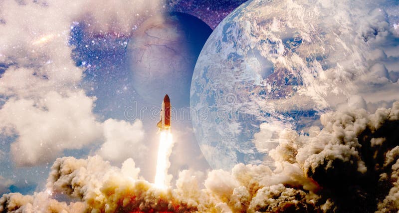 Shuttle Launch in the Clouds To Outer Space. Dark Space with Stars on ...
