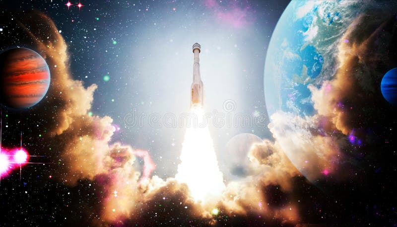 Shuttle Launch in the Clouds To Outer Space. Dark Space with Stars on ...