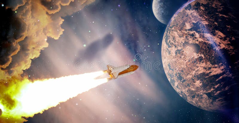 Shuttle Launch in the Clouds To Outer Space. Dark Space with Stars on ...
