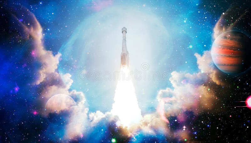 Shuttle Launch in the Clouds To Outer Space. Dark Space with Stars on ...