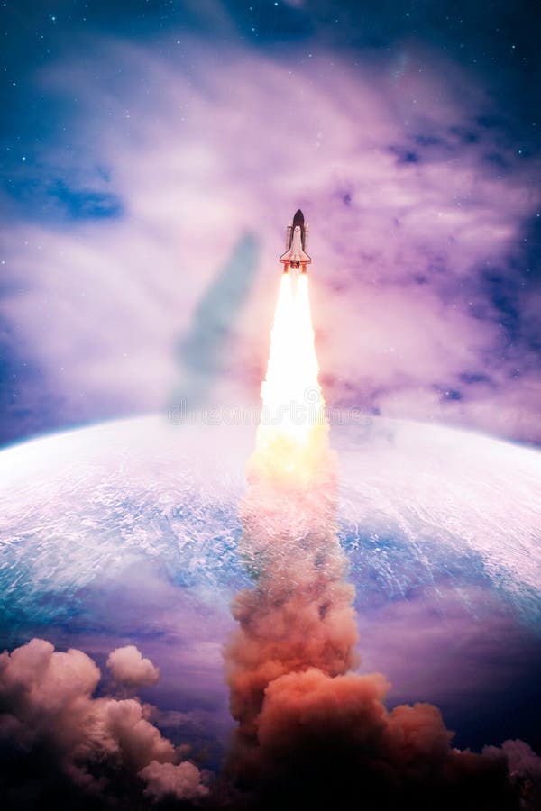 Shuttle Launch in the Clouds To Outer Space. Dark Space with Stars on ...