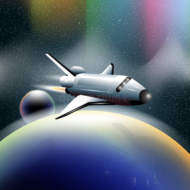 Shuttle in Space Flying from Planet Earth, Orbiting a Blue Planet ...