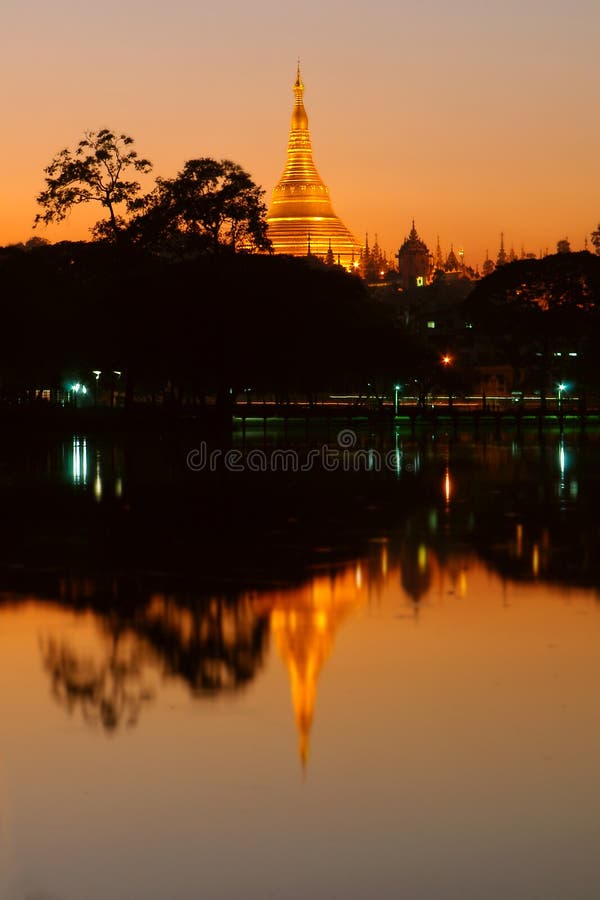 Shwedagon and Its Reflection at Night Stock Photo - Image of meditate ...