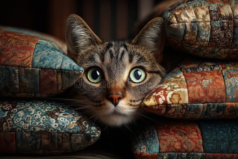 Shy Cat Hiding Behind a Stack of Patchwork Pillows, only Its Wide Eyes ...