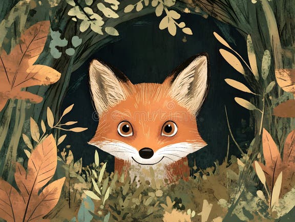A Shy Fox Peeking Out from a Den Stock Illustration - Illustration of ...